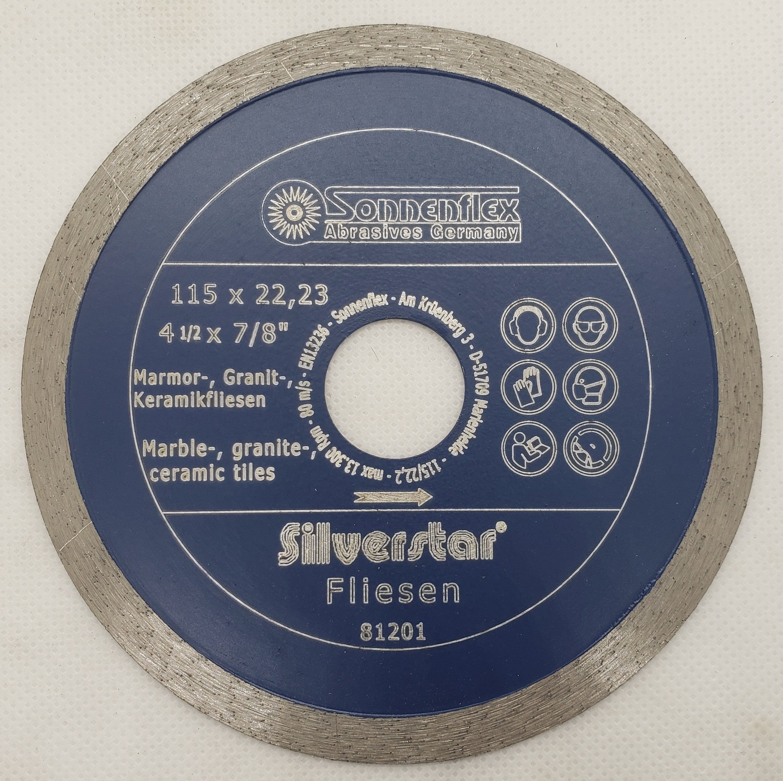 Diamond Cutting Disc 115x1.6x5x22.4mm=4.5/8"x1/4"x7/8" continuous rim ...